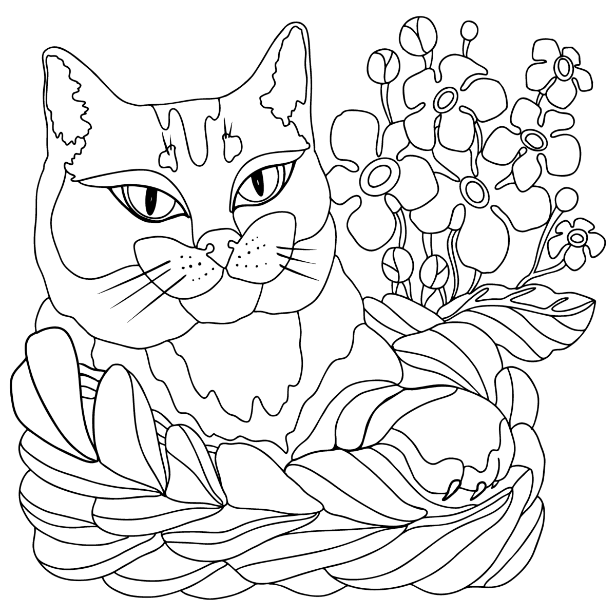 The cat in the purple basket - Cats Coloring pages for Adults Online
