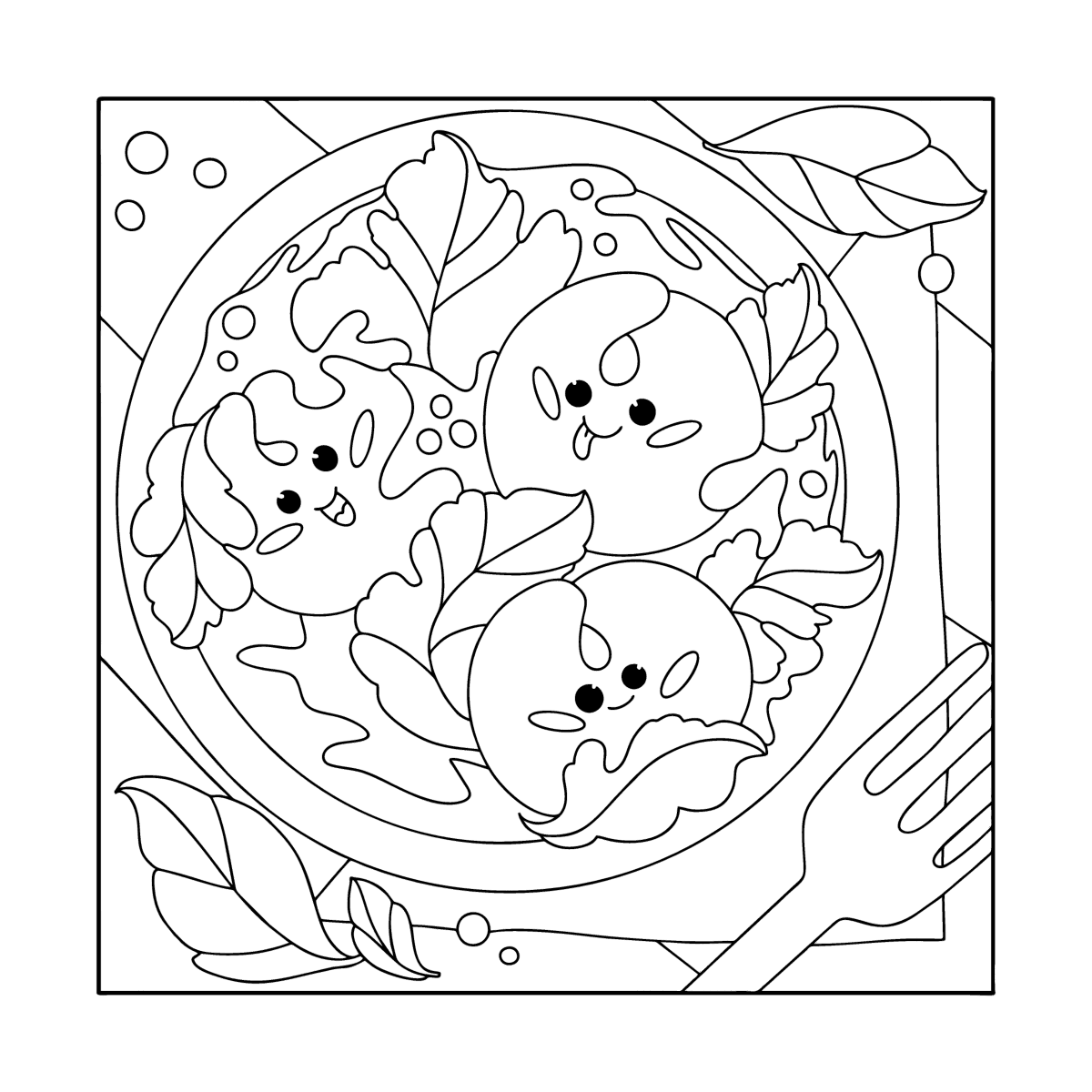 Kawaii dumplings coloring page | Coloring-for-Adults.com