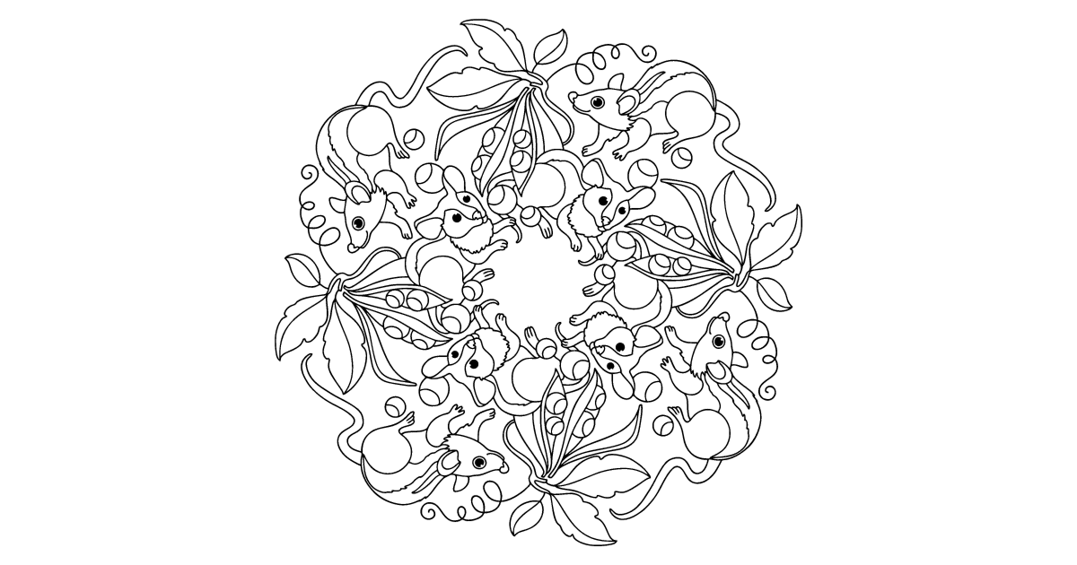 Mandala - Mice and peas coloring page | Coloring-for-Adults.com Mandala - Mice and peas coloring page | Coloring-for-Adults.com