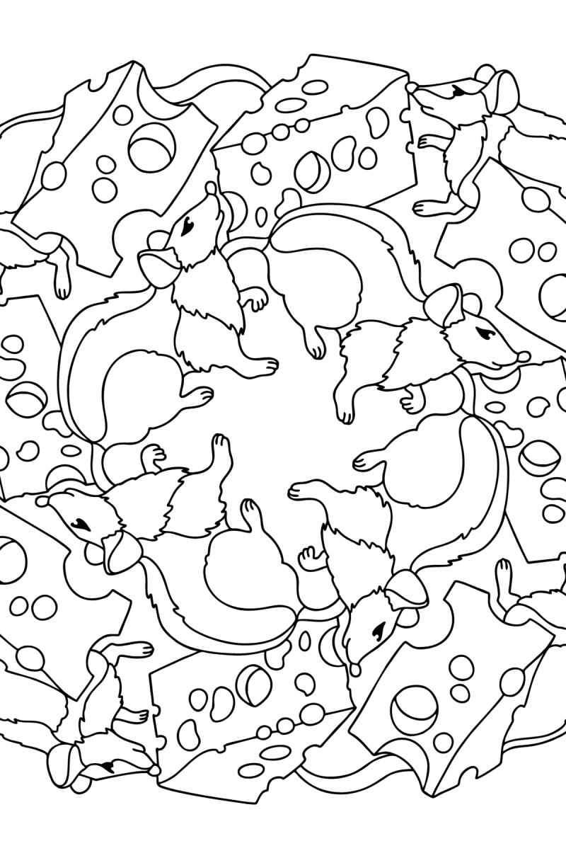 Mewarnai gambar Mandala - Mouse dan Keju | Coloring-for-Adults.com